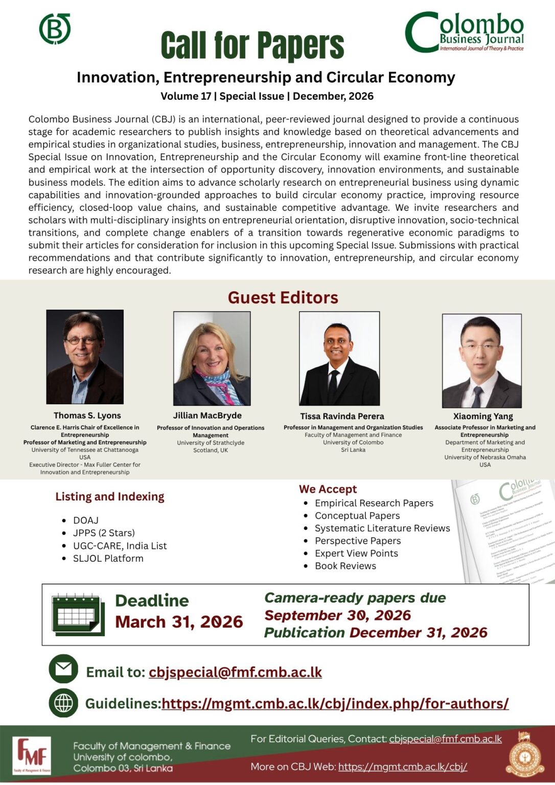 Colombo Business Journal (CBJ) Special Issue – Call for papers ...
